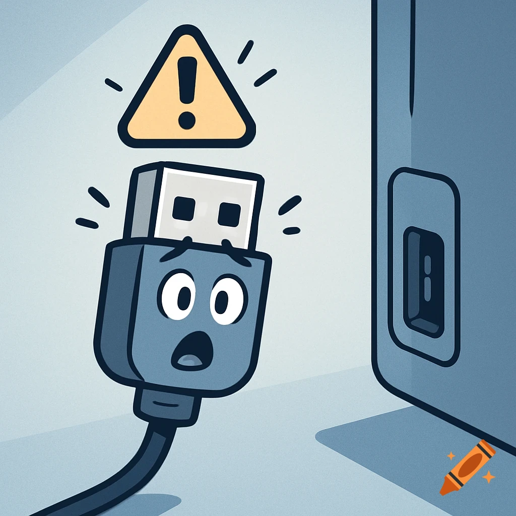 Cartoon USB plug with a worried face disconnected from a computer port ...
