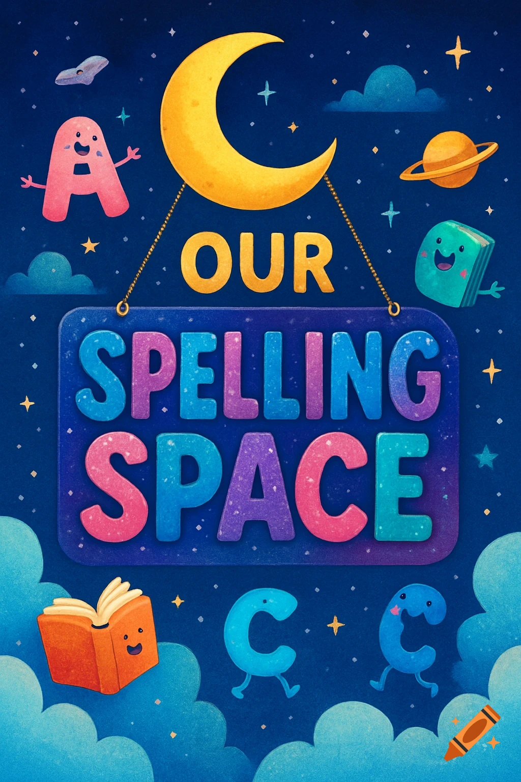 Whimsical children's illustration in a night sky with a crescent moon ...