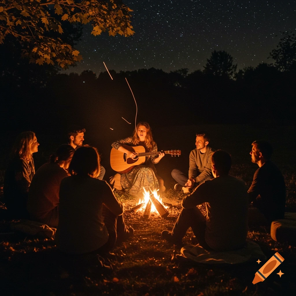 A photorealistic image of friends gathered around a bonfire at night, a ...