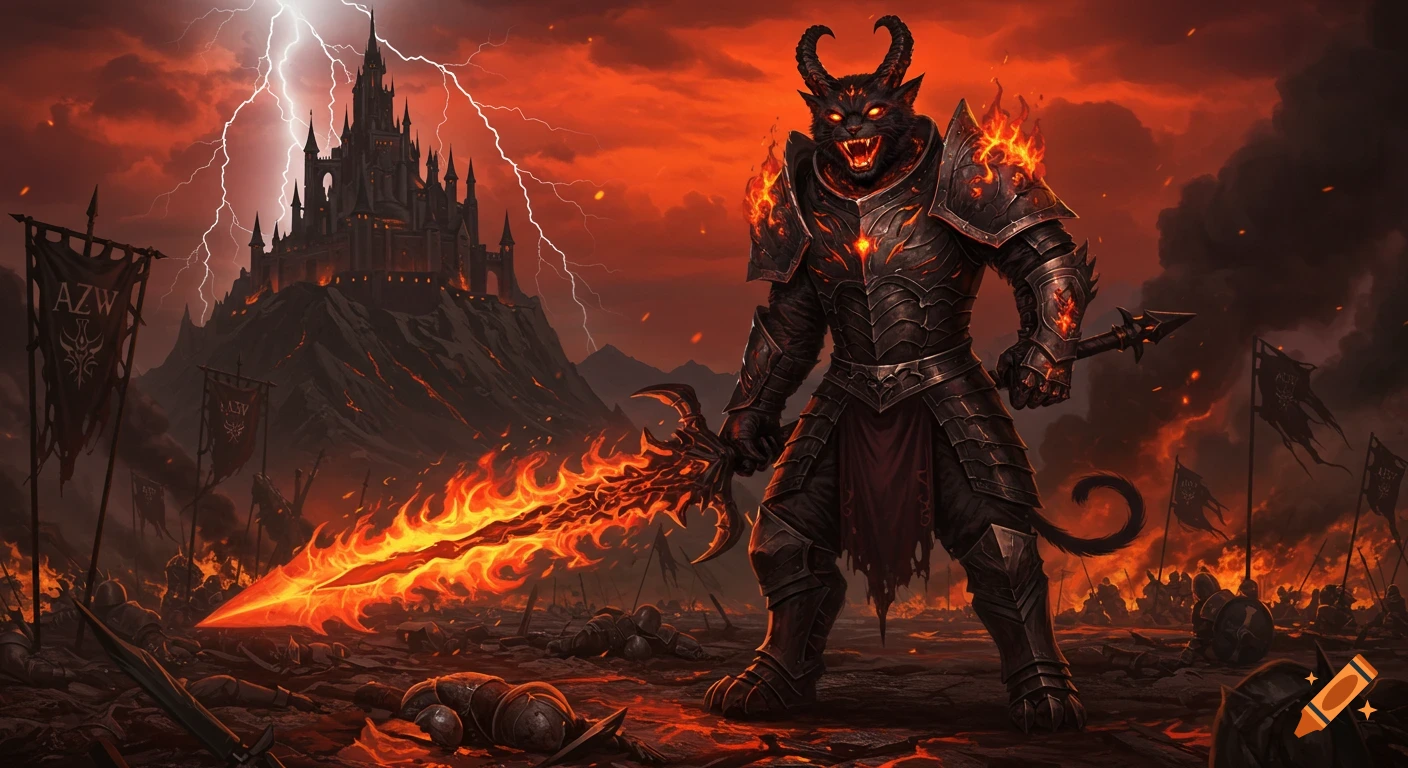 A demonic cat warrior in obsidian armor wields a flaming sword on a ...