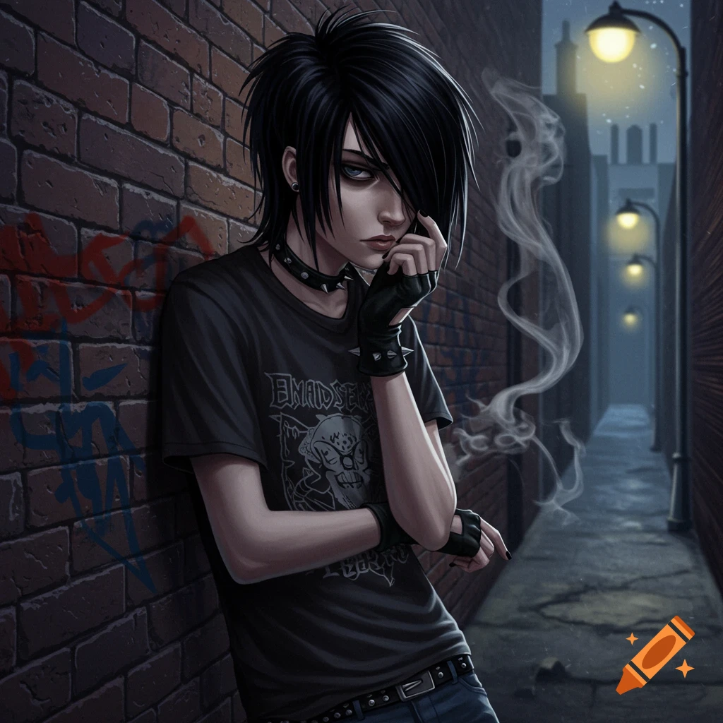 An emo character with black hair and dark clothing leans against a ...