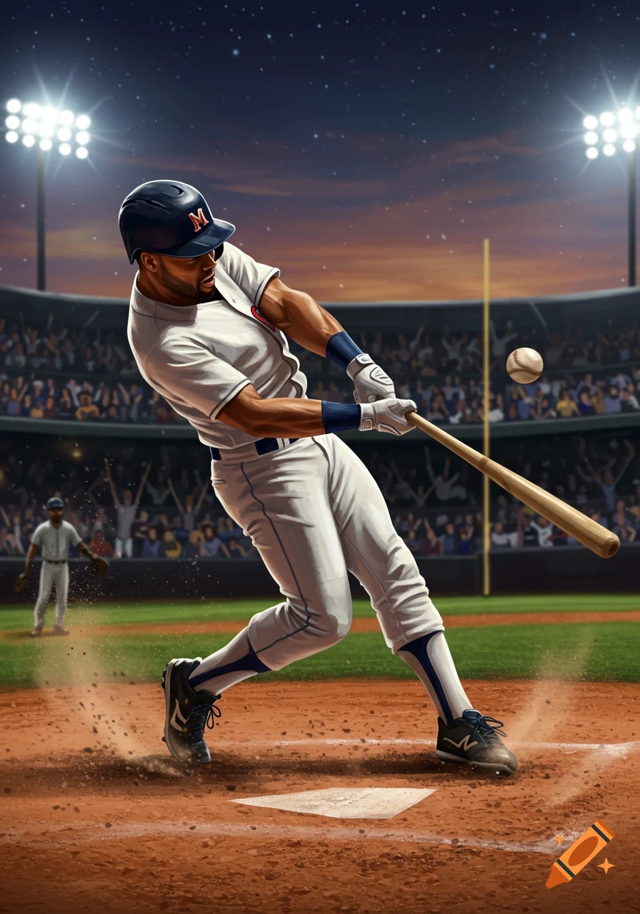 A male baseball player in uniform swings a bat, hitting a ball in a ...