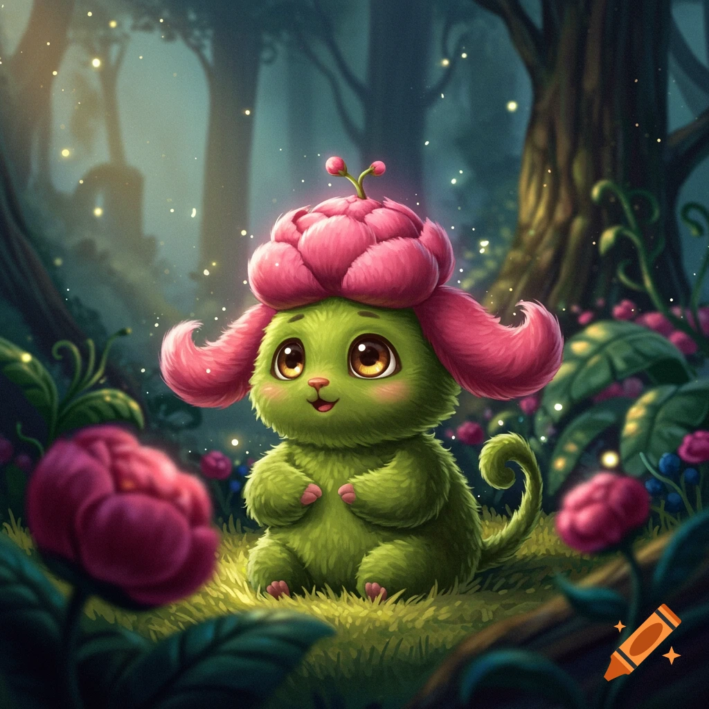 A cute, green, stylized fairy-like creature with big blue eyes and pink ...