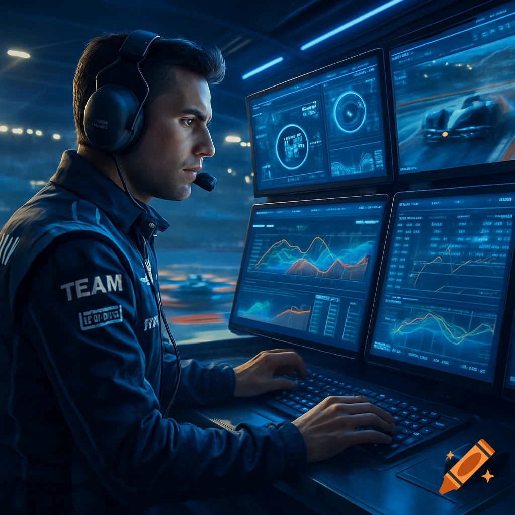 Photorealistic pilot in a futuristic cockpit looking at a holographic ...