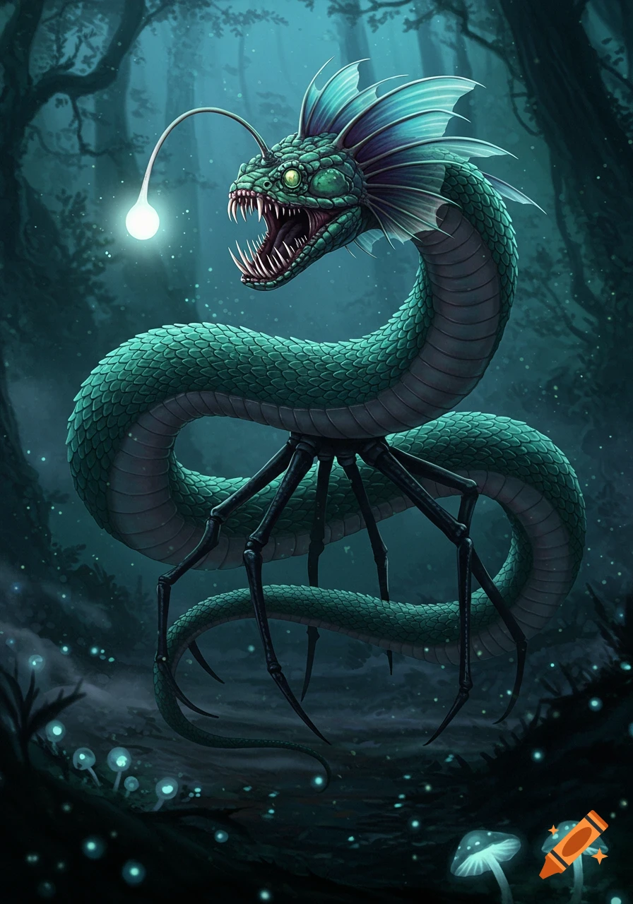 A vibrant illustration of a green snake-spider hybrid creature coiled ...