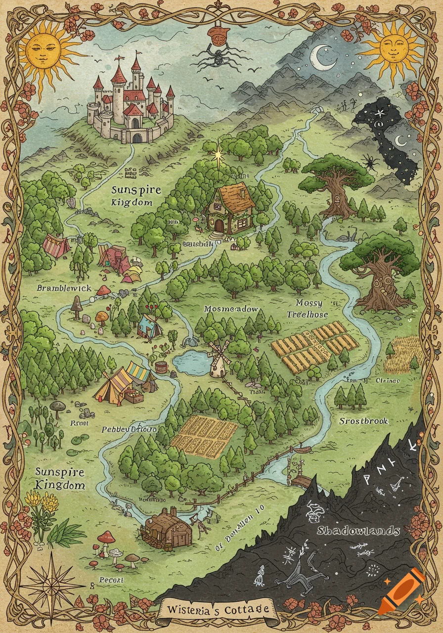 Illustrated fantasy map from a bird's-eye view, showing forests ...