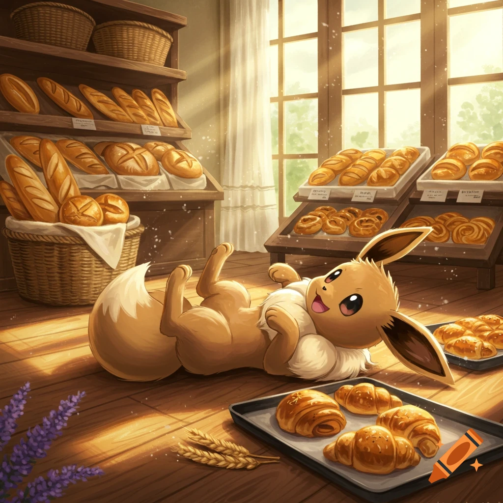 A cute Eevee lies on its back on the wooden floor of a sunlit bakery ...
