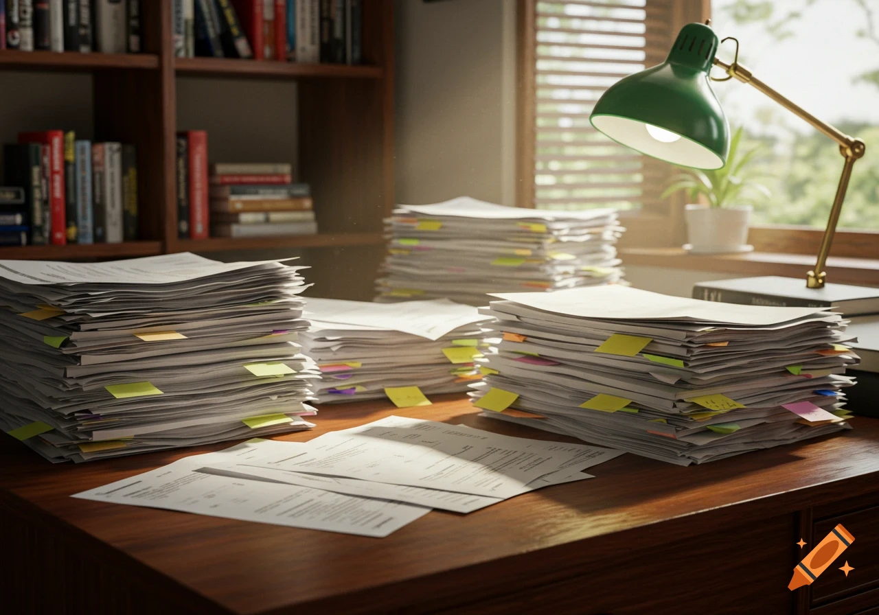 A person sitting at a cluttered desk, surrounded by stacks of papers ...