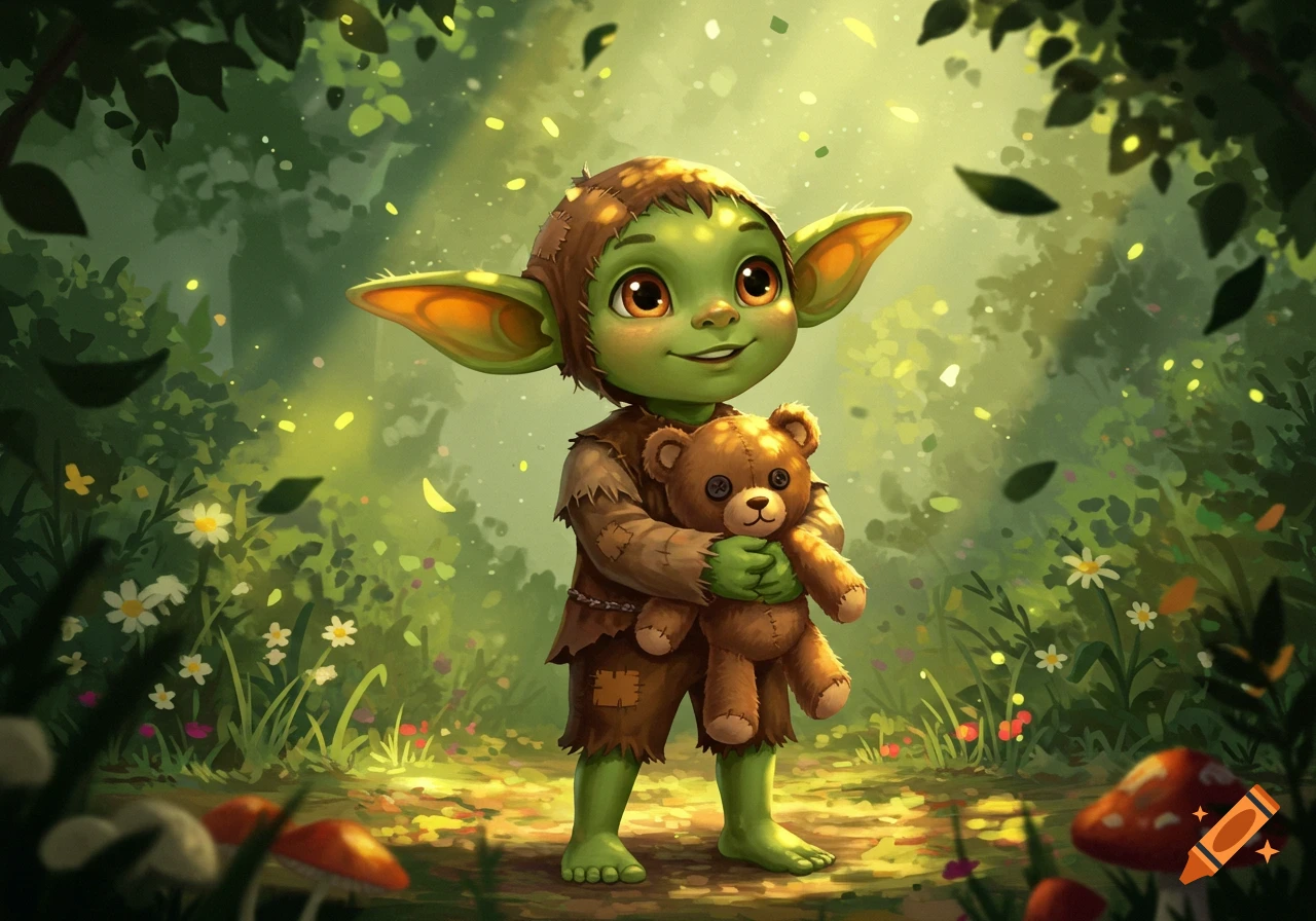 A cute, big-eared green goblin in a patched outfit holds a teddy bear in an enchanting, sun ...