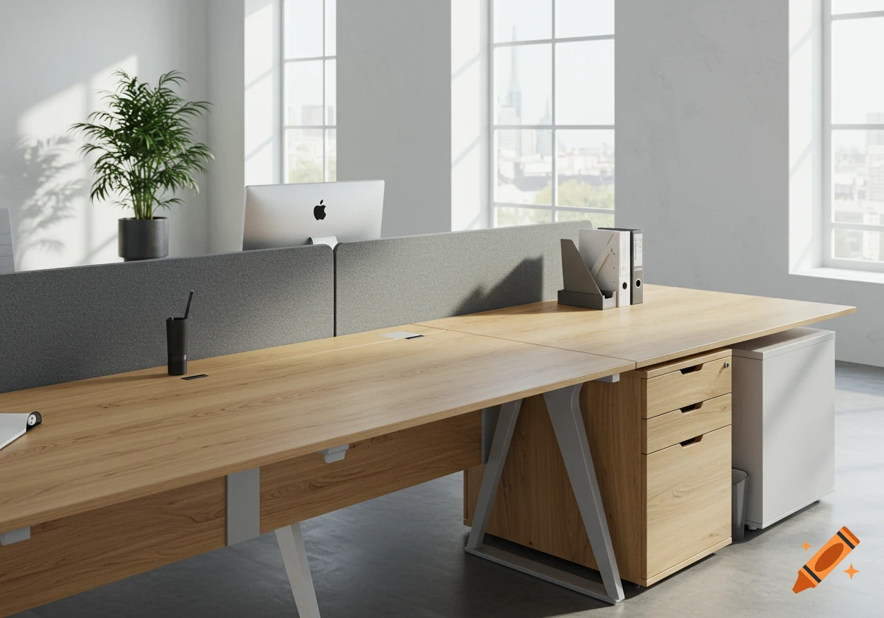 Photorealistic image of a modern office desk setup with light wood ...
