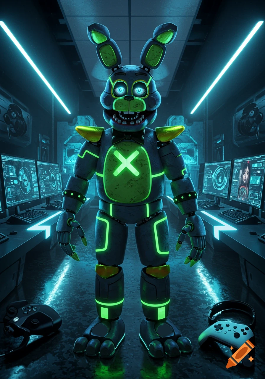 A neon green and black robotic Bonnie from FNAF stands in a futuristic ...