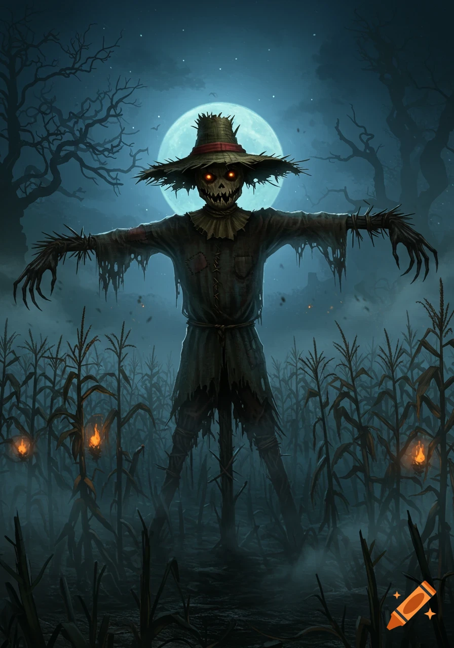 A scary scarecrow with glowing red eyes and sharp teeth stands in a ...