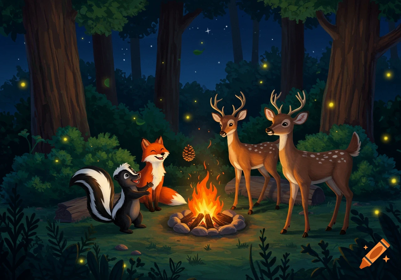 Two cute raccoons and an owl in a dark forest at night with fireflies ...