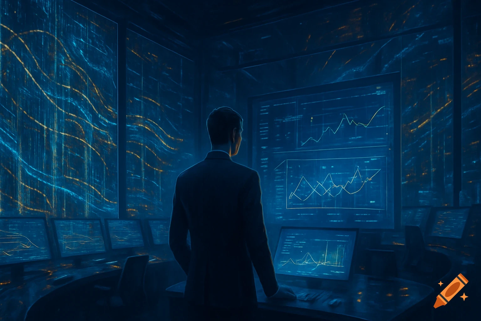 A man in a suit views complex data visualizations on multiple glowing blue screens in a dark ...
