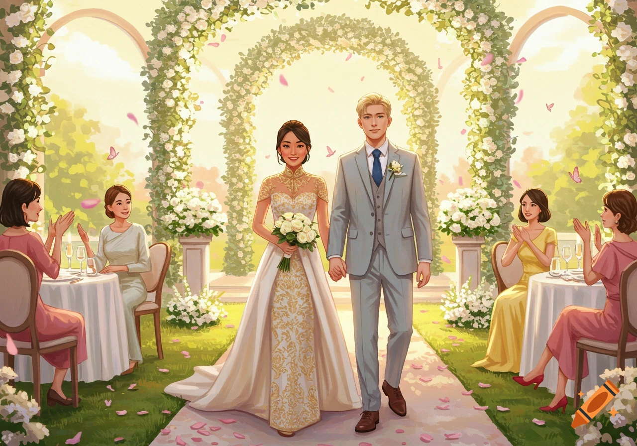 An illustrated bride and groom stand in a lush green meadow filled with ...