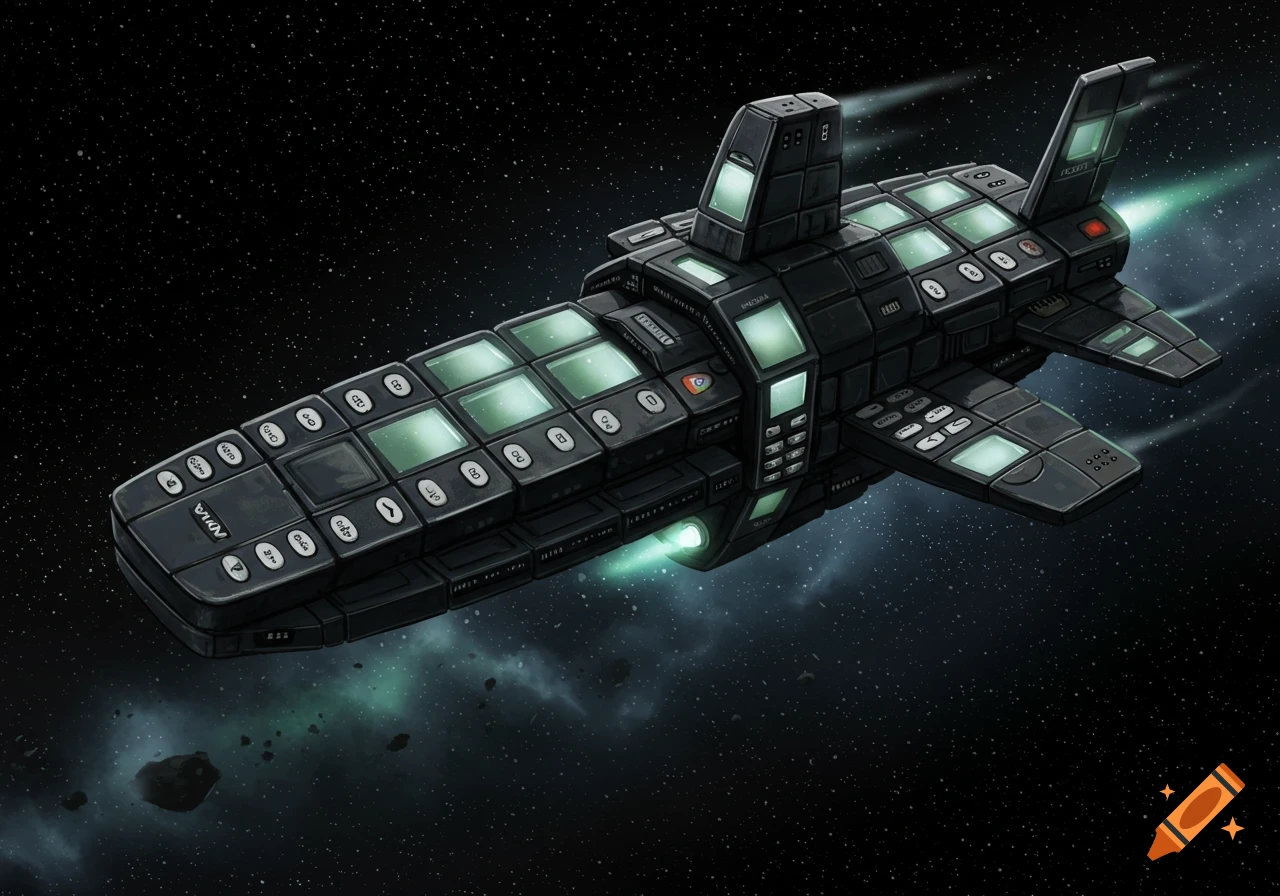 A stylized dark grey spaceship resembling old Nokia phones with glowing ...