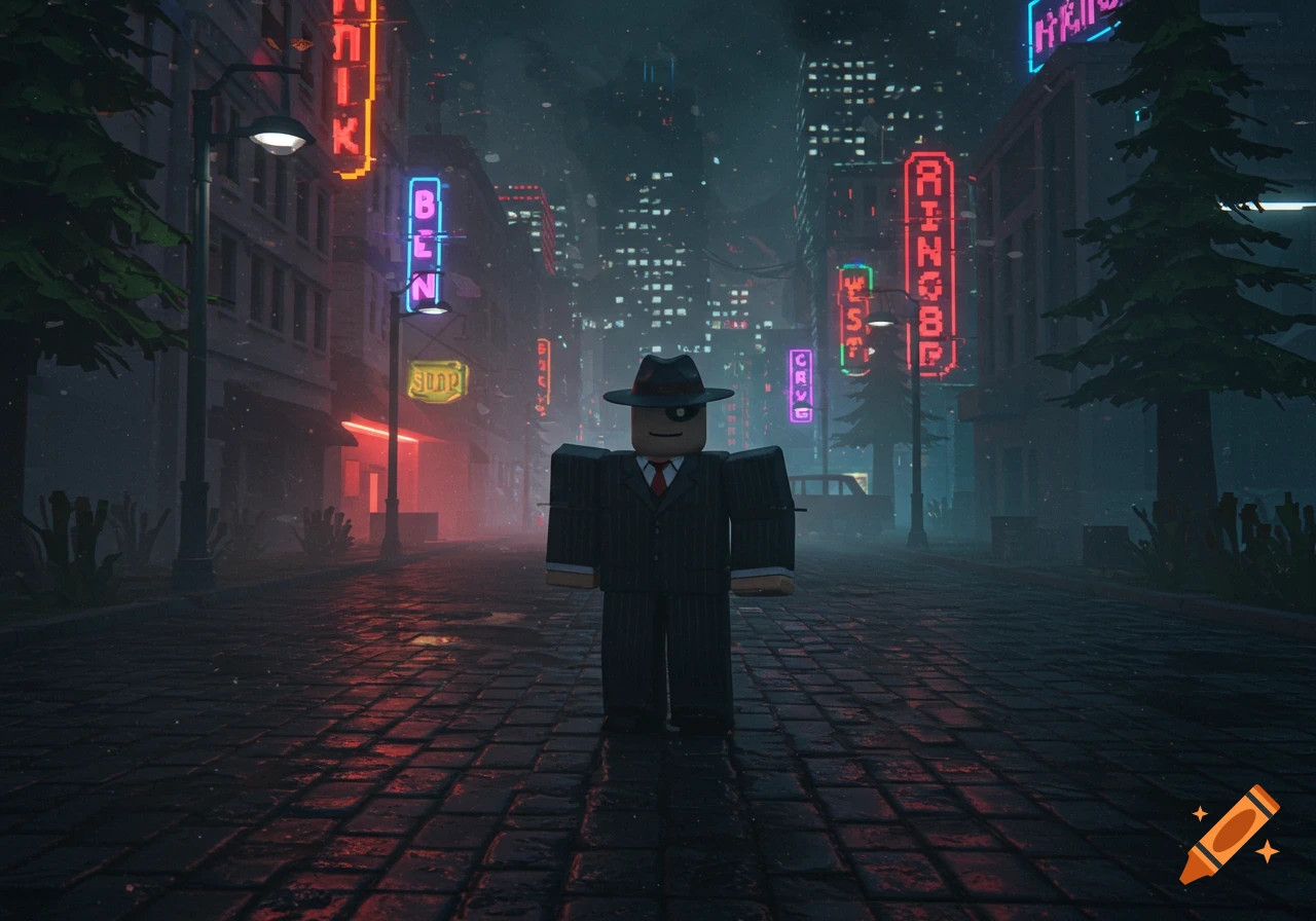 A Roblox-style character in a suit and fedora with a glowing eye poses ...