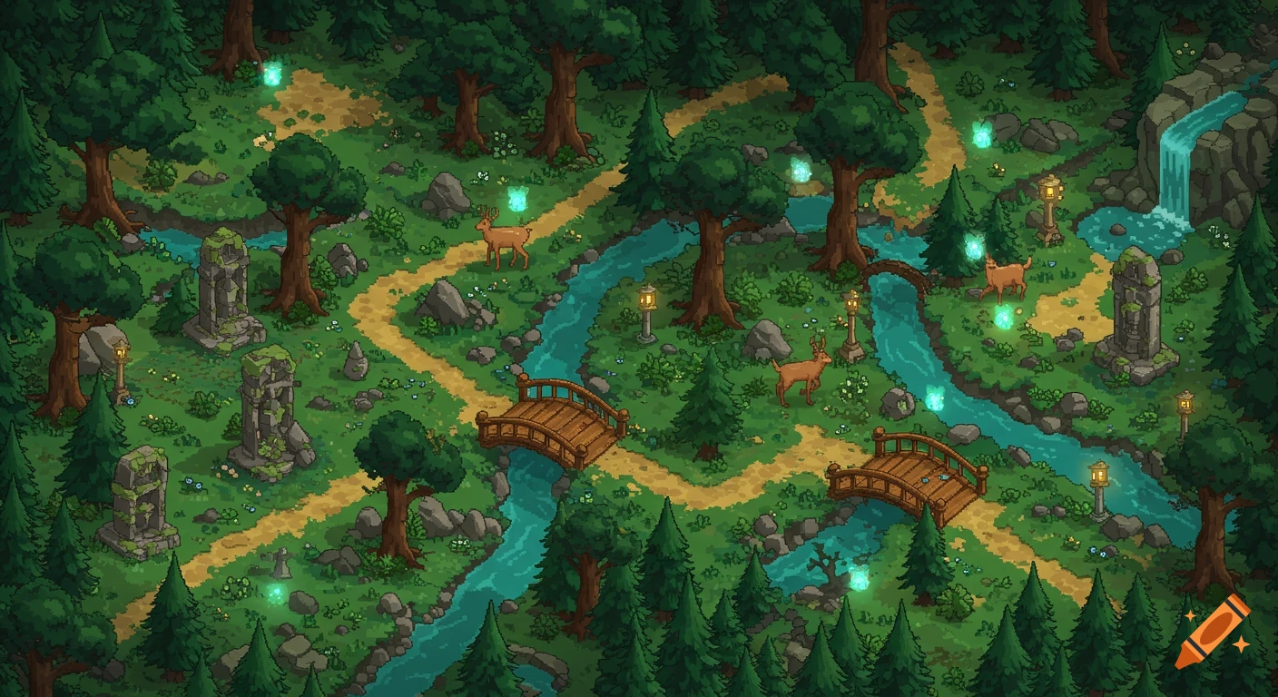 Top-down pixel art map of an enchanted forest with winding paths ...