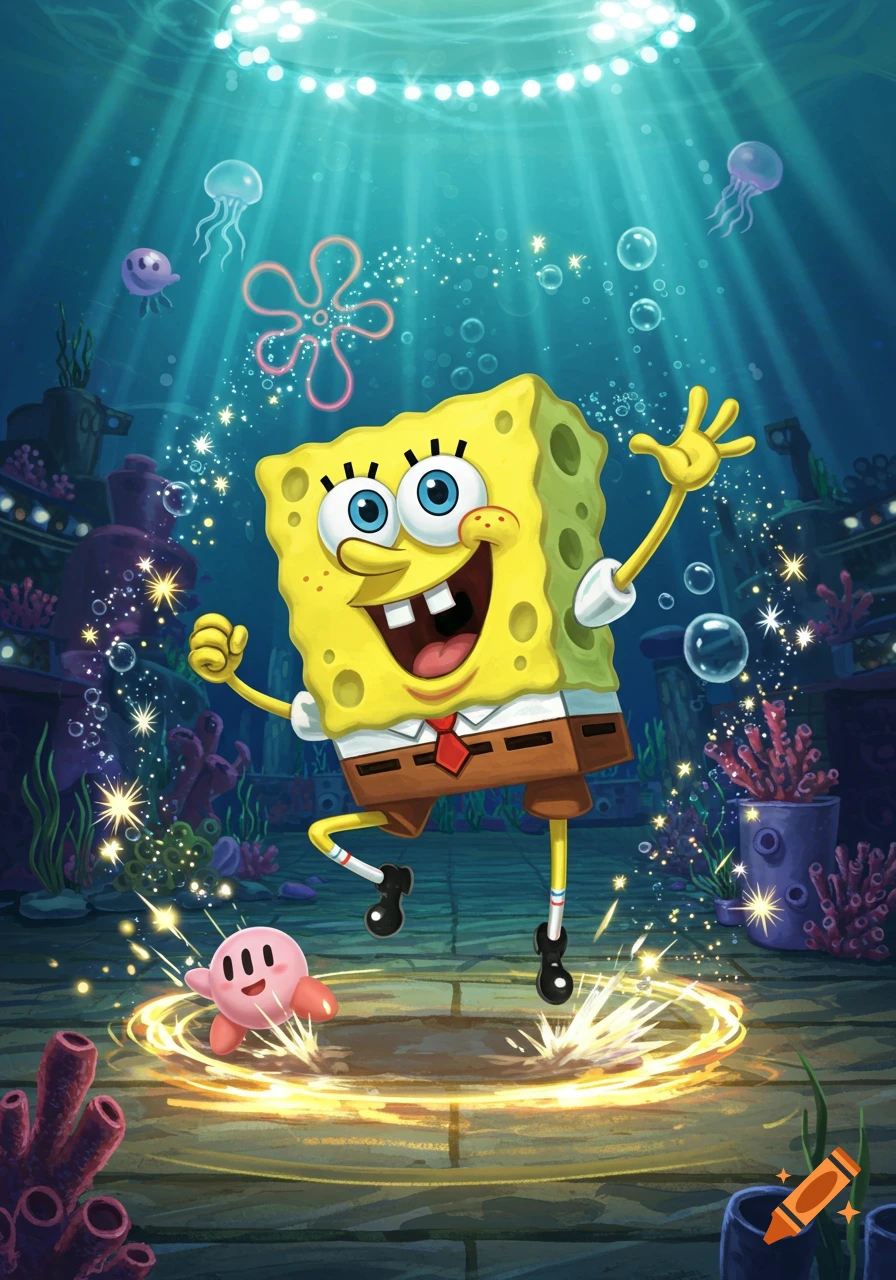 SpongeBob SquarePants and Kirby glowing on a seabed, surrounded by ...