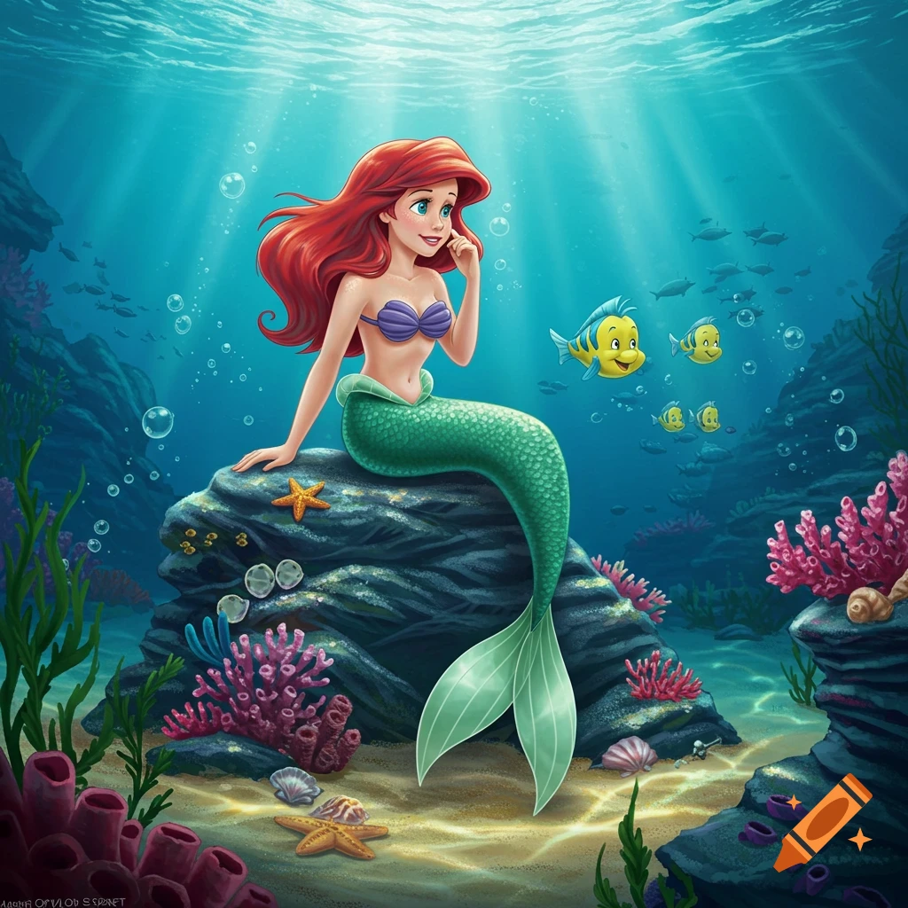 Ariel, the cartoon mermaid with long red hair and a green tail, swims ...