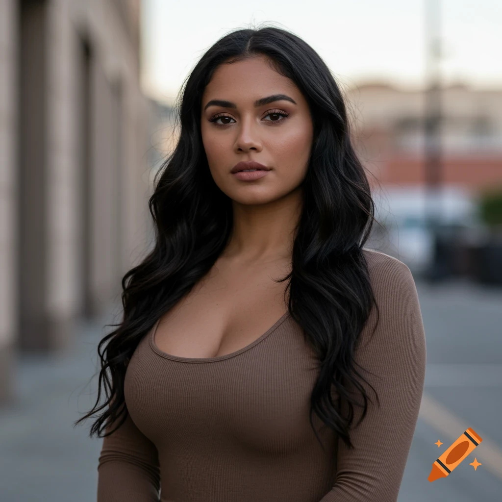 A beautiful Latina woman with long dark wavy hair, wearing a brown ribbed long-sleeved top ...