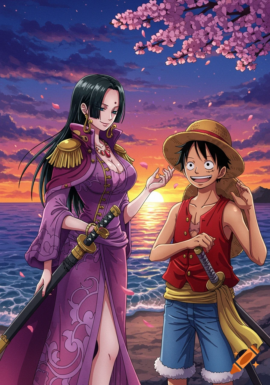 Luffy on his pirate ship and Naruto in rough seas under cherry blossoms ...