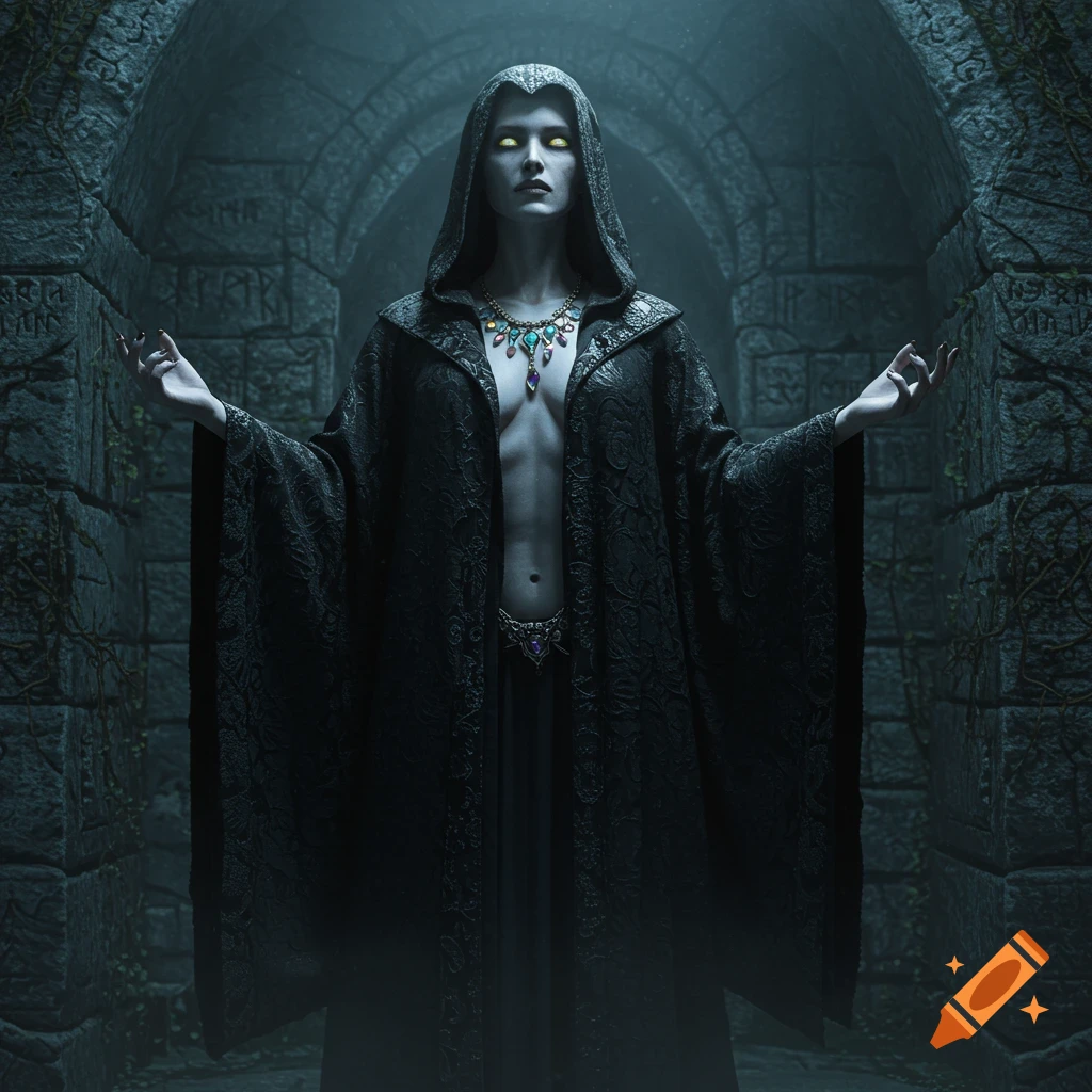 A menacing hooded figure with glowing yellow eyes and an open black ...