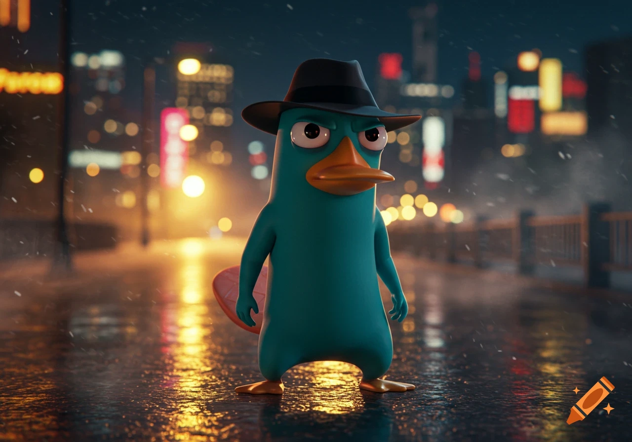 A happy cartoon penguin dancing and splashing in puddles on a rainy ...