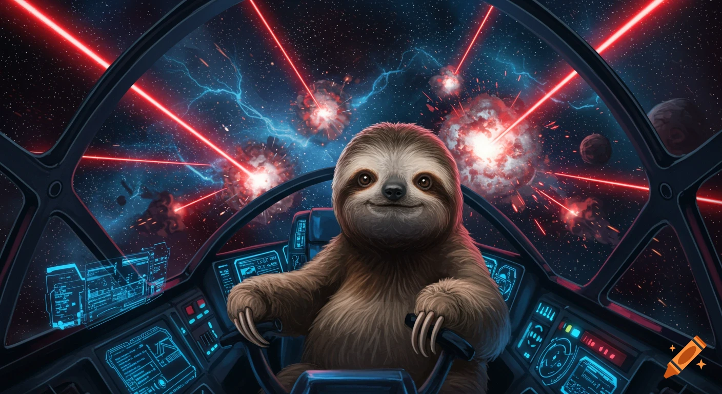 A cute sloth pilots a spaceship through a chaotic space battle with red ...