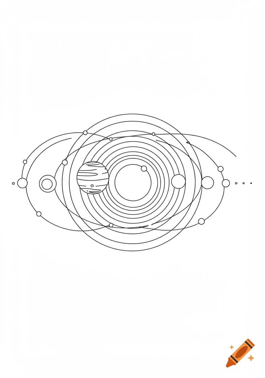 A minimalist black and white line drawing depicting a solar system with ...