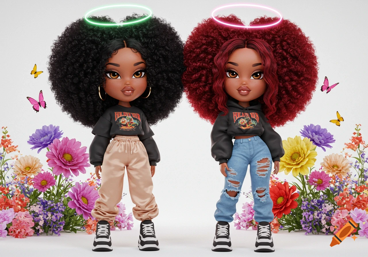 Two Bratz-style dolls with afro hair and halos, wearing streetwear ...