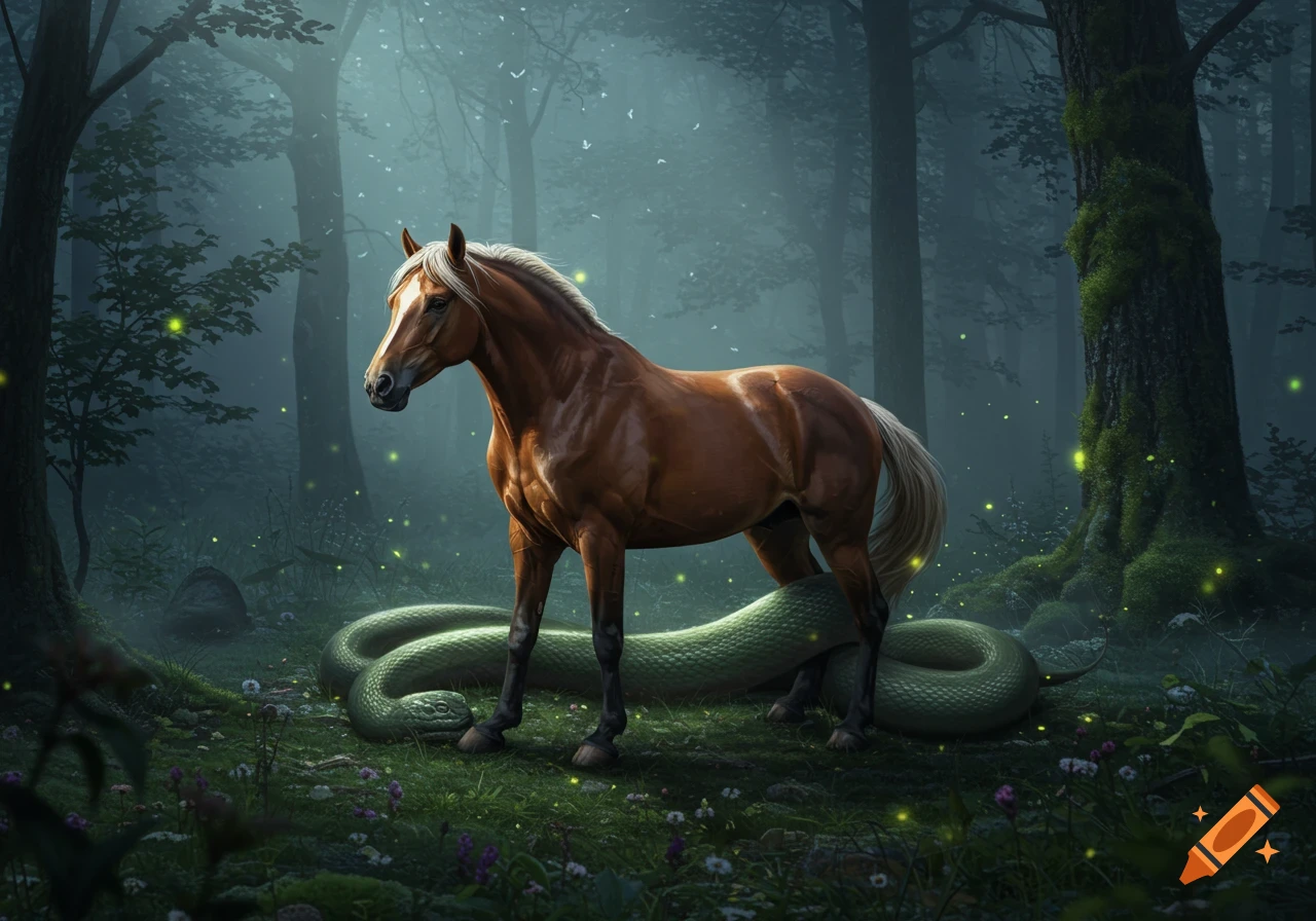 A brown horse with a white mane stands in a misty, dark forest with a ...