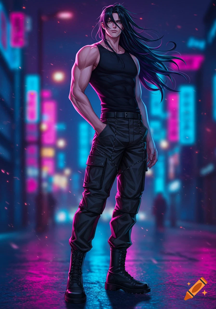 A muscular anime-style woman with spiky black and red hair, red eyes ...