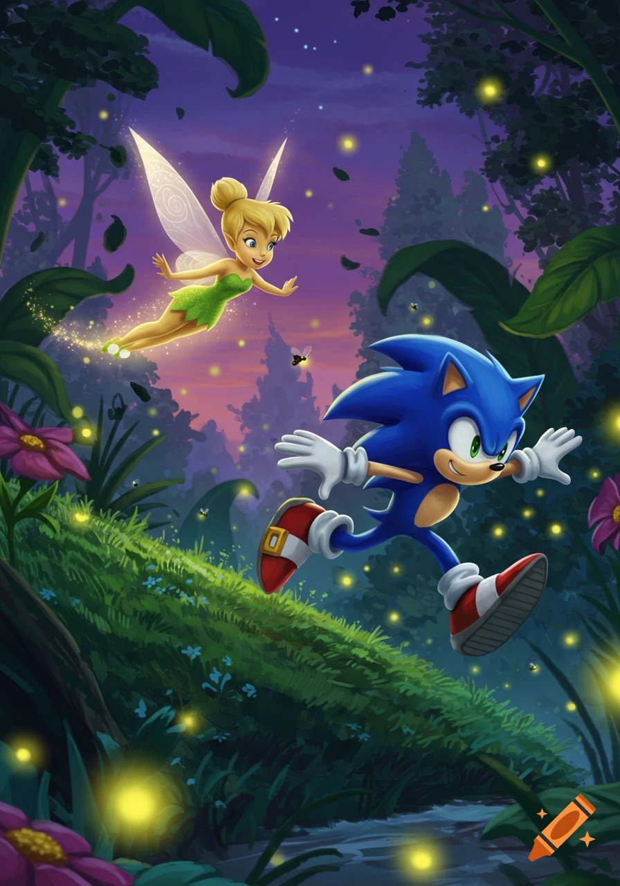 Tinker Bell flies above Sonic the Hedgehog running through a magical ...