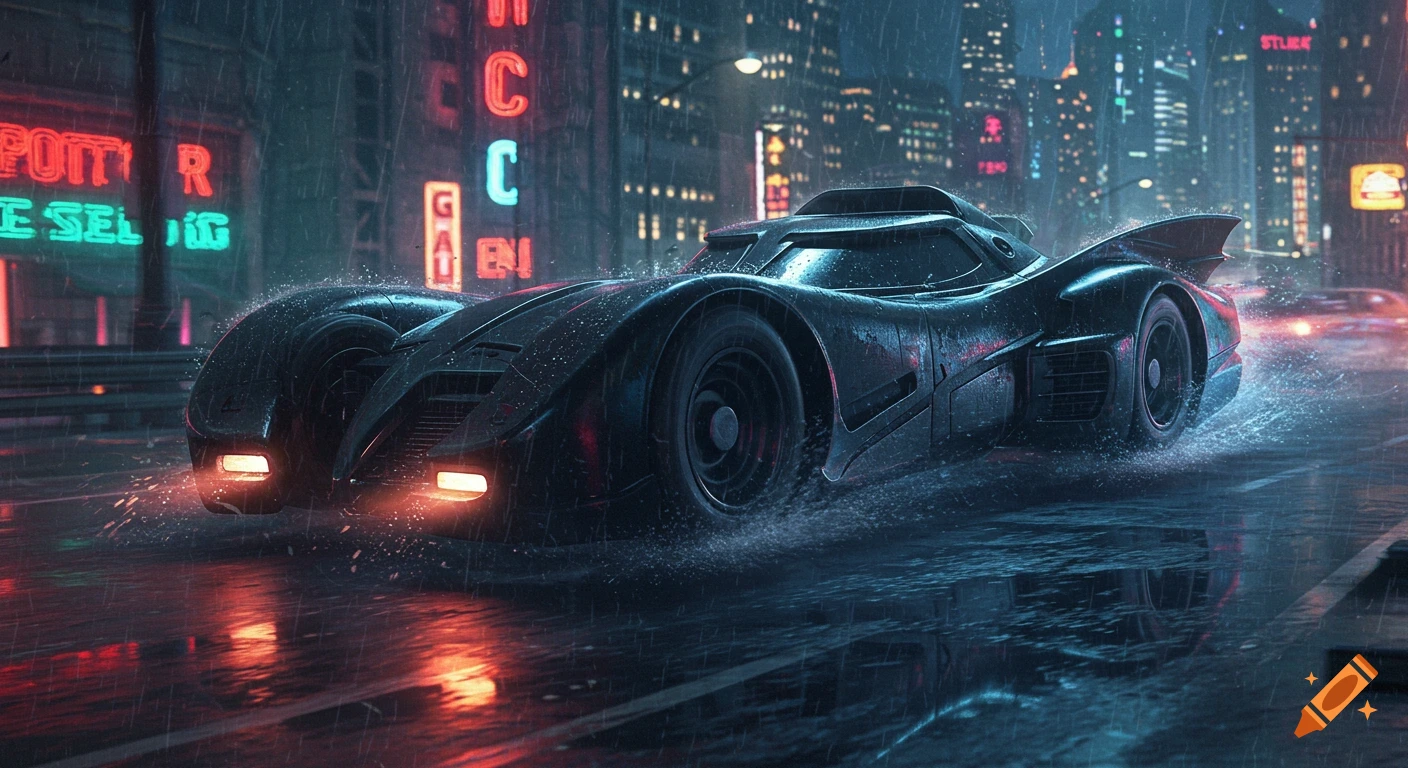 A sleek Batmobile speeds through a rainy Gotham street at night, neon ...