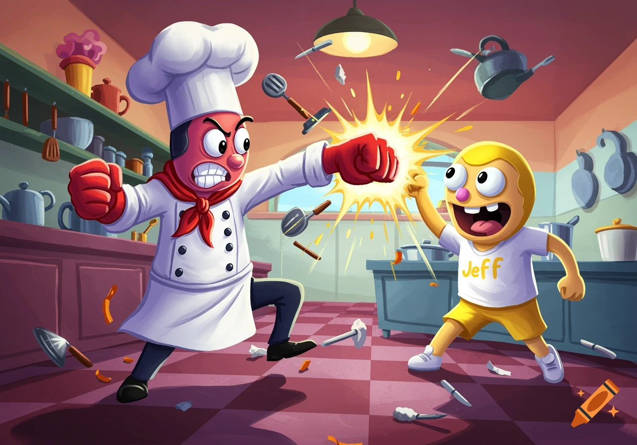 Cartoon chef with red gloves punching a smiling child character named ...