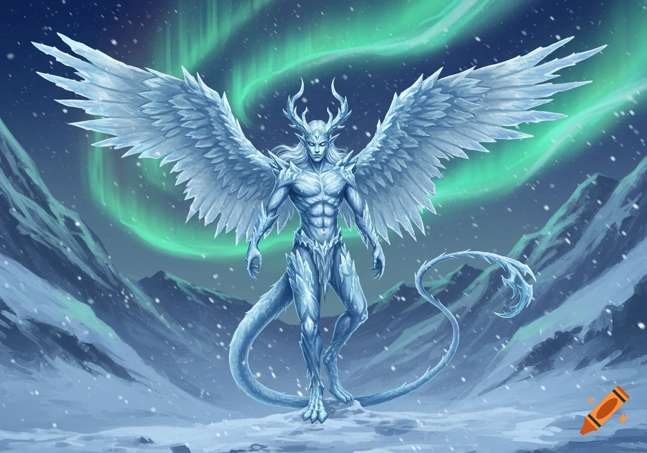 A majestic icy blue elf-like creature with large wings, horns, and a ...