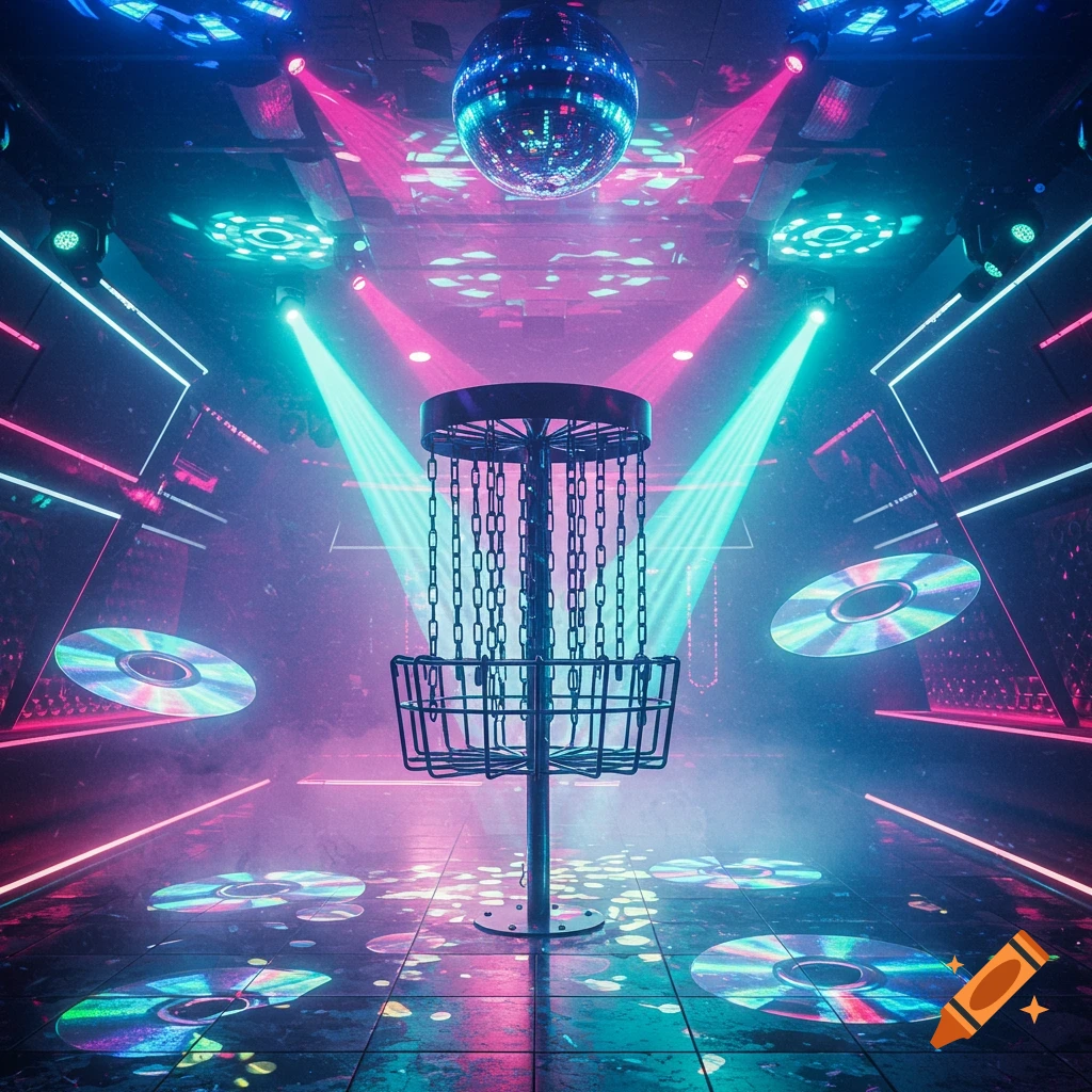 A disc golf basket stands centrally in a vibrant neon disco room, with ...