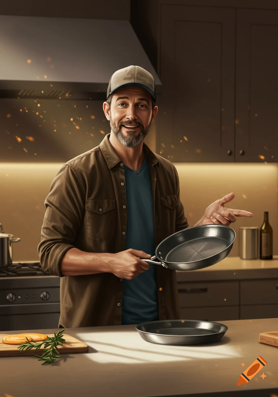 A man in a blue shirt and plaid apron stands stiffly in a kitchen, with ...