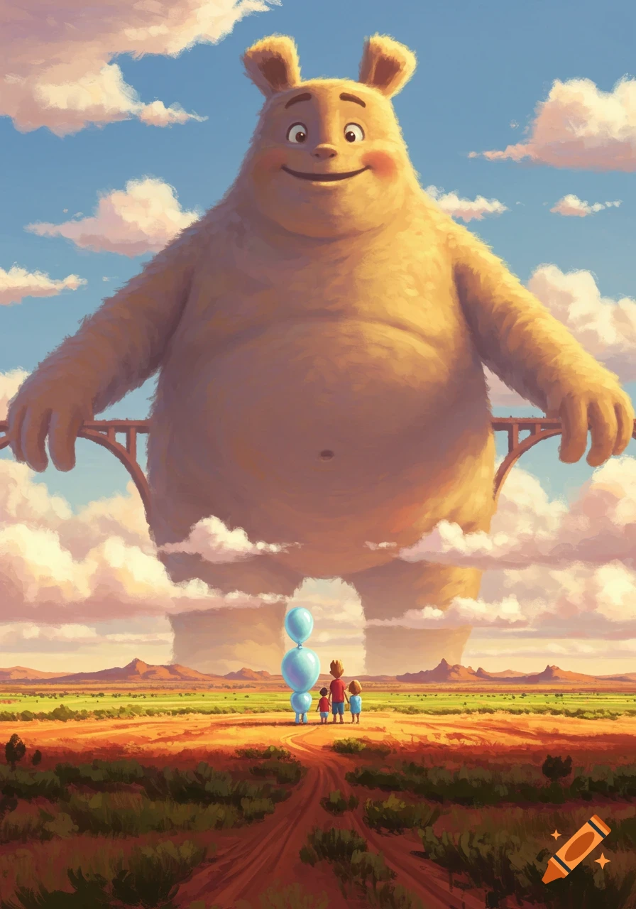 A smiling, giant, furry creature holds a bridge in the sky above a ...
