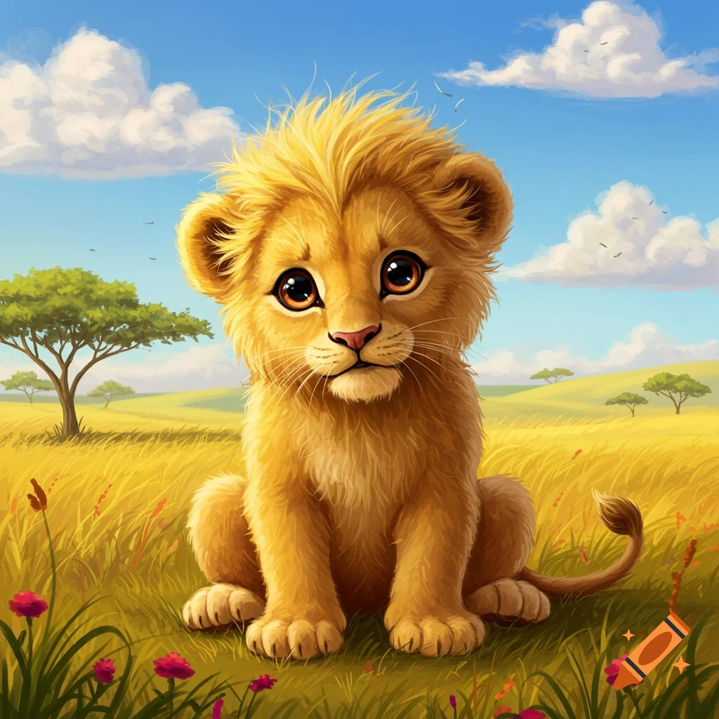 A cute, fluffy lion cub with big eyes stands in a lush, sunlit jungle clearing with yellow ...
