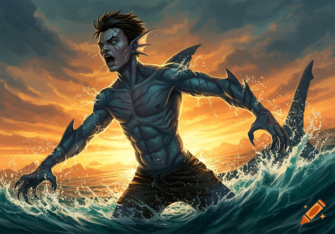 A muscular, anthropomorphic shark-man with fins and claws emerges from the ocean at sunset ...
