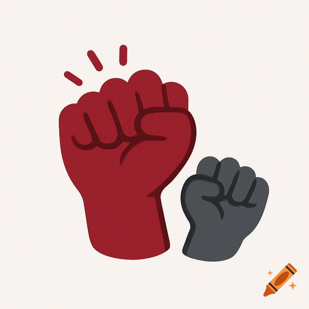 A large red stylized fist with three red dash marks above it, next to a ...