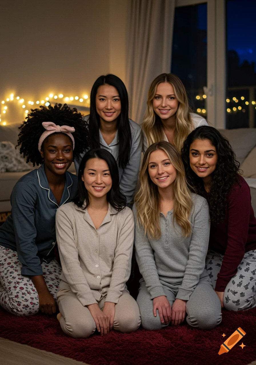 Six diverse women in pajamas kneeling on a red rug, smiling at the ...