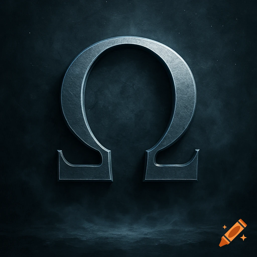 A dark, metallic, three-dimensional Greek letter Omega (Ω) symbol ...