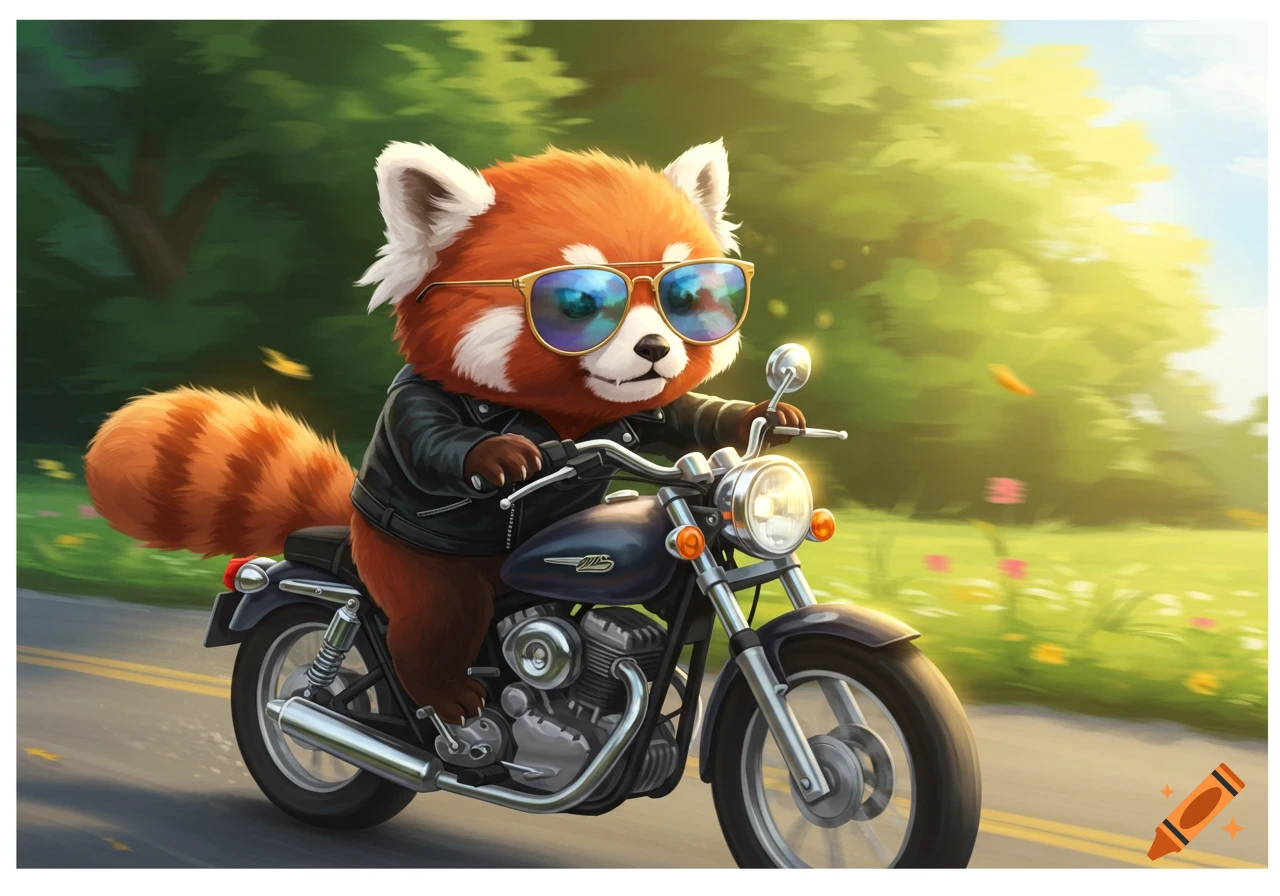 A cute red panda wearing a leather jacket and aviator sunglasses rides ...