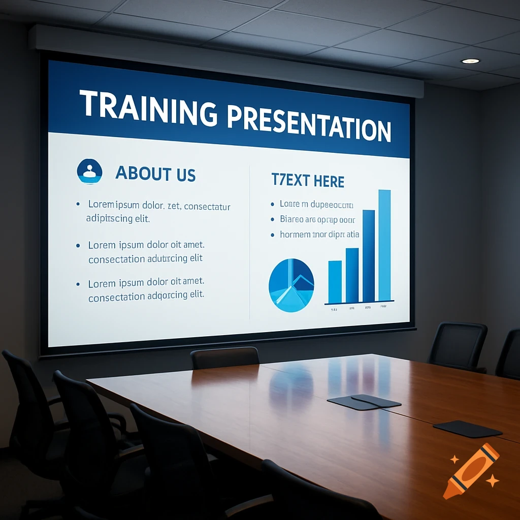 A conference room with a large projection screen displaying a training ...