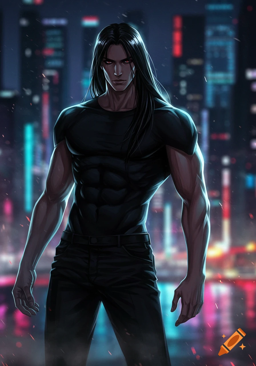 An anime-style full body illustration of a lean muscled cyborg man with ...