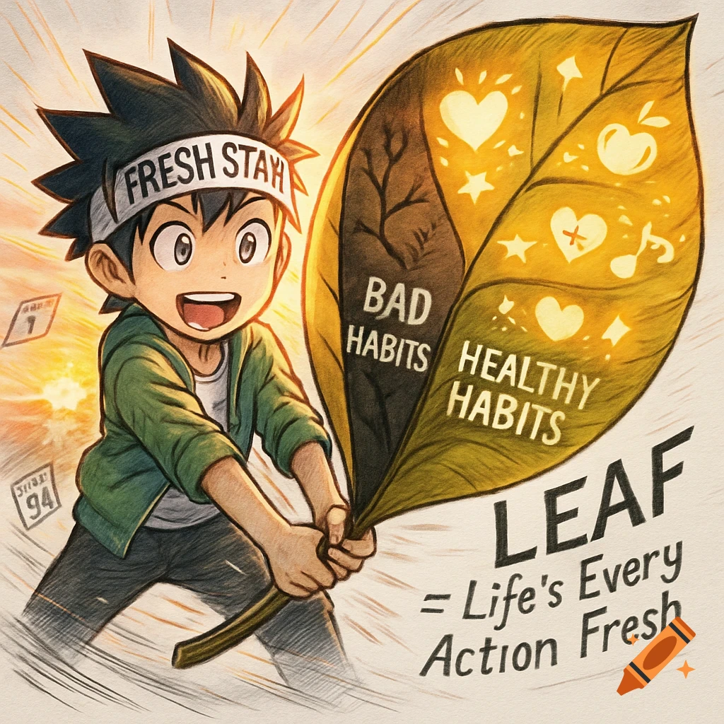 An anime character with a "FRESH STAY" headband holds a giant leaf ...