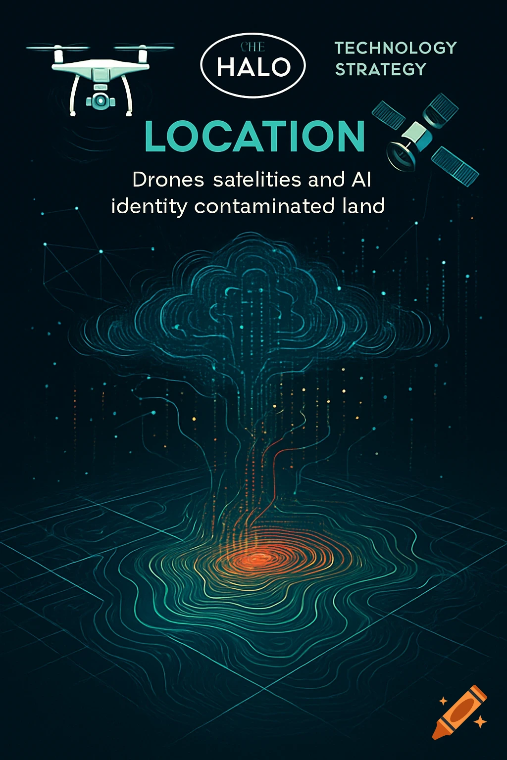 An infographic showing a drone, satellite, and data visualization of a ...